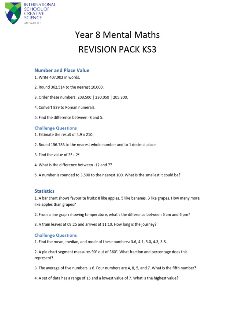 KS3 Mental Maths Revision Pack | PDF | Ratio | Mathematics