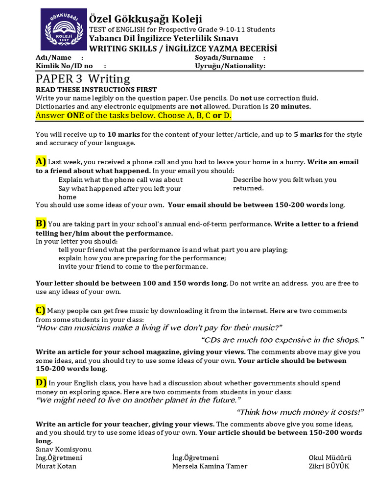 Placement Test New PAPER 3 Writing - 2019-2020 | PDF