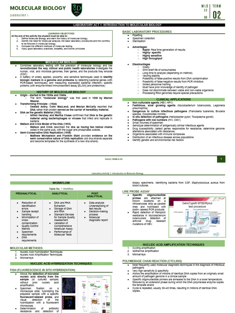 Introduction to Molecular Biology Lab | PDF | Polymerase Chain Reaction ...
