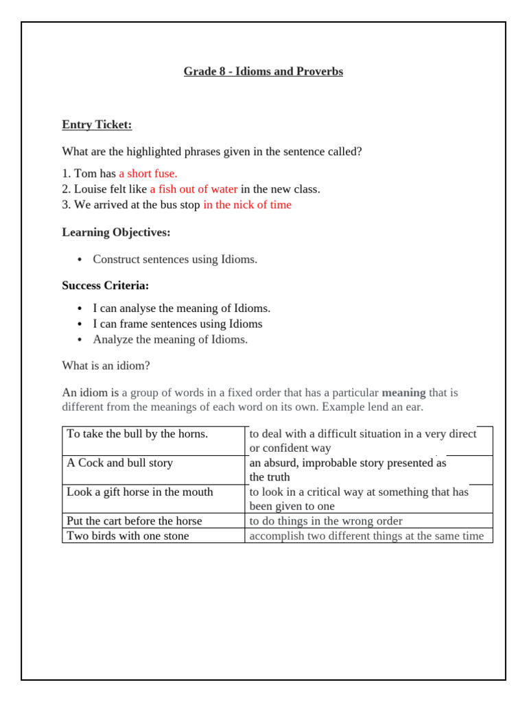 Grade 8 Idioms and Proverbs Guide | PDF | Idiom | Proverb