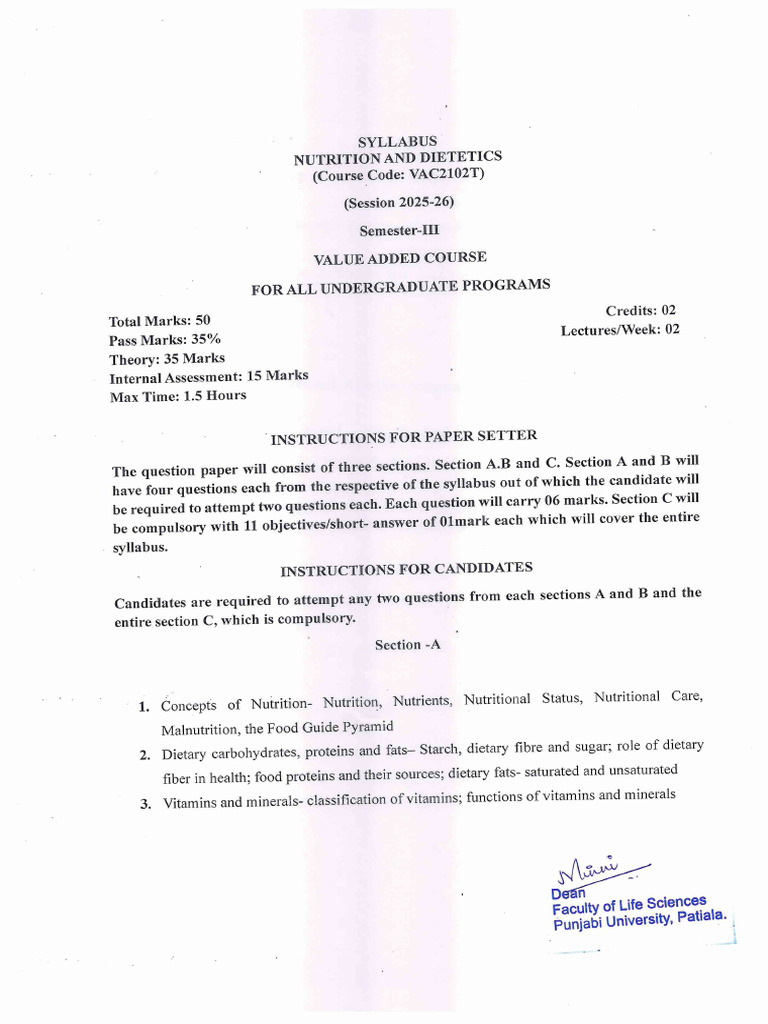 Nutrition and Dietetics (Vac) For All Ug Courses Session 2025-26 | PDF