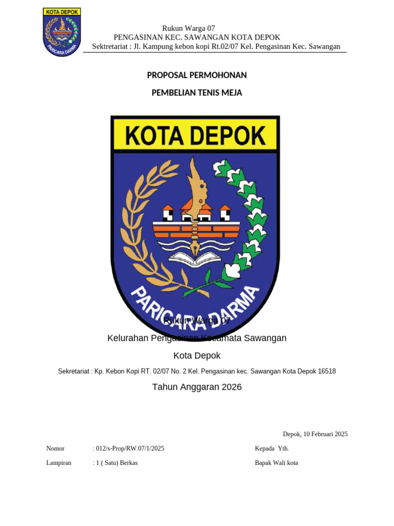 Proposal Pembelian Tenis Meja RW 07 Depok | PDF