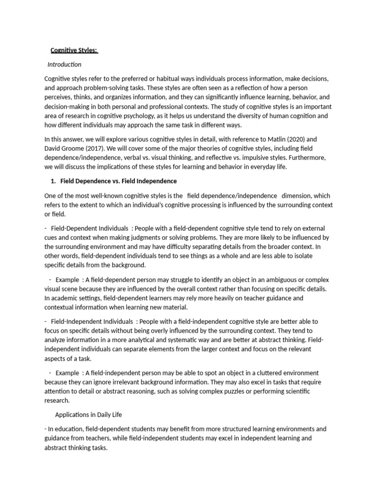 Cognitive Styles | PDF | Thought | Decision Making