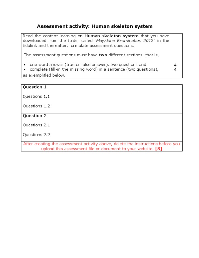 Assessment - Human Skeleton System | PDF