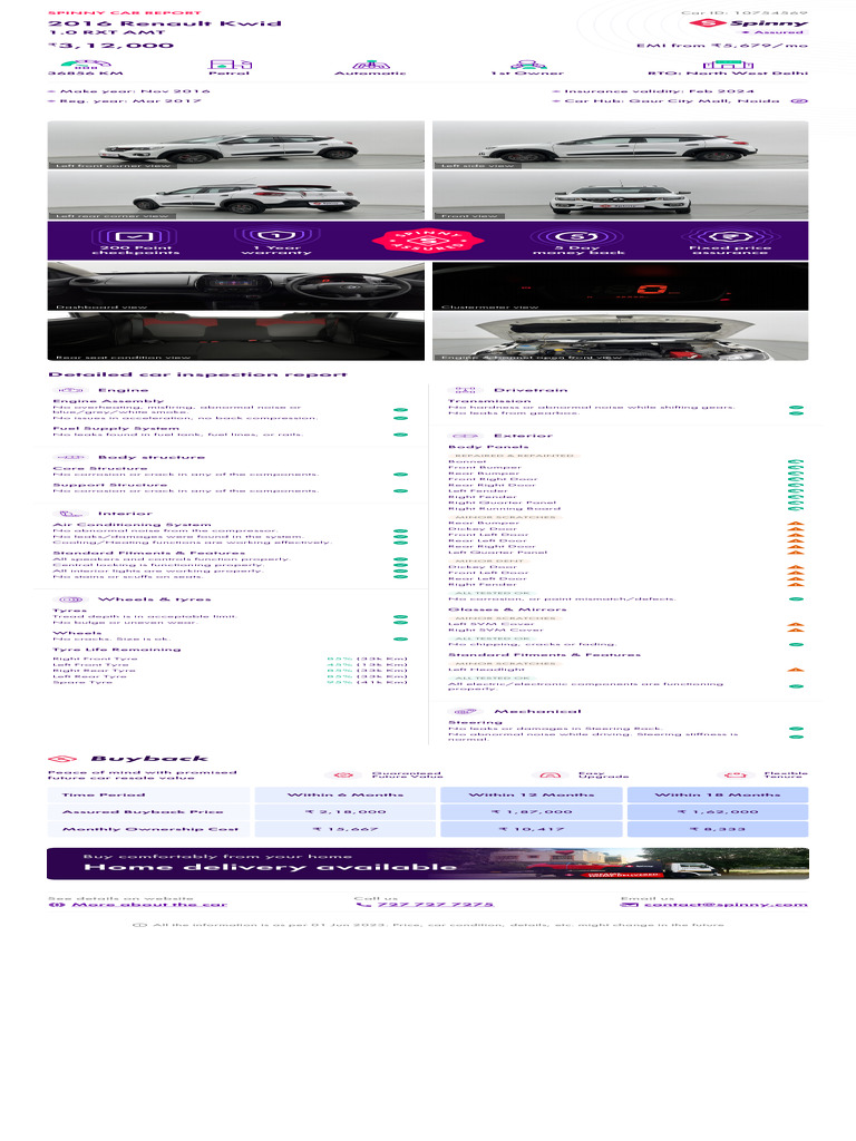 Spinny 2016 Renault Kwid Inspection Report | PDF | Tire | Door