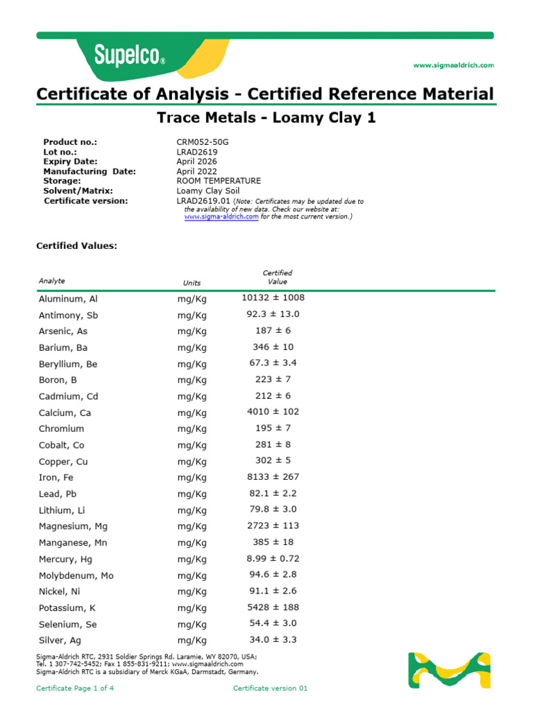 Certified Reference Material for Trace Metals | PDF | Calibration ...