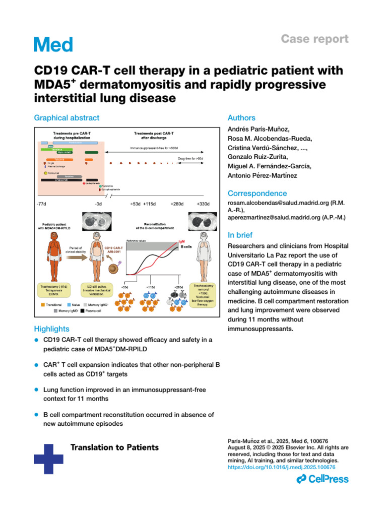 CD19 CAR-T Therapy in Pediatric MDA5+DM | PDF | Autoimmune Disease ...