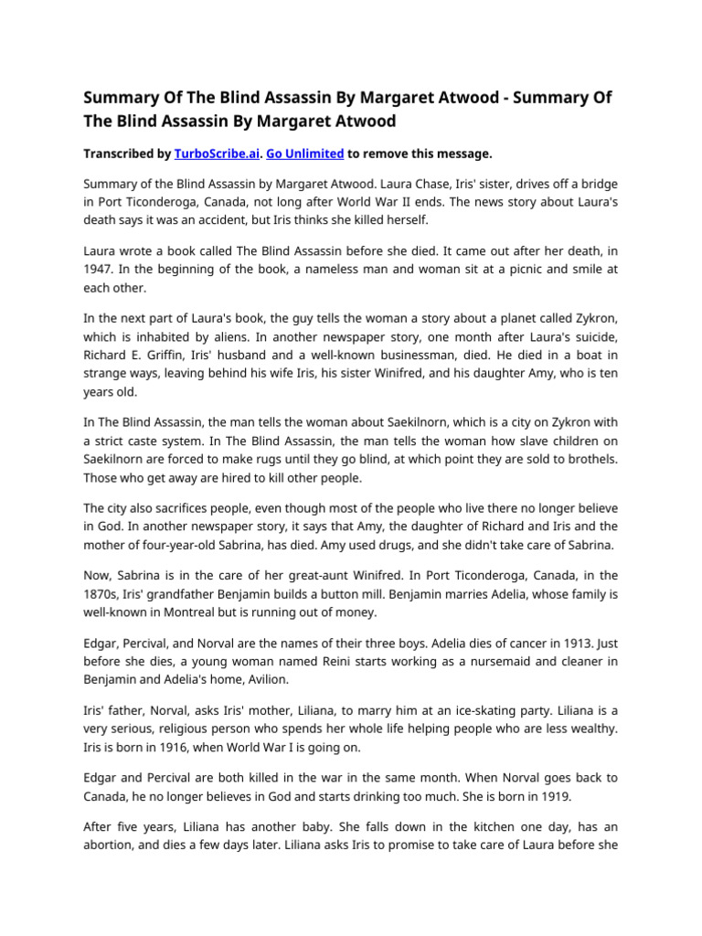 The Blind Assassin Summary Analysis | PDF