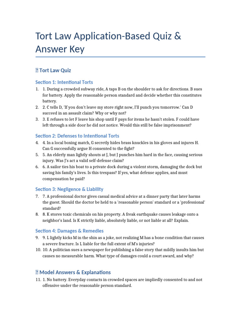 Tort_Law_Quiz_and_Answers (2) | PDF | Tort | Legal Liability