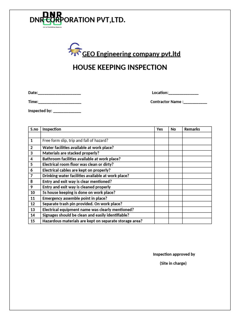 Housekeeping Inspection Checklist Template | PDF