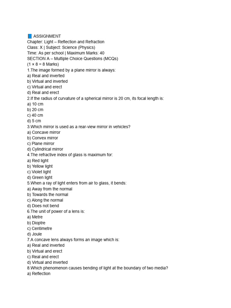 Light Reflection and Refraction MCQs | PDF | Mirror | Optics