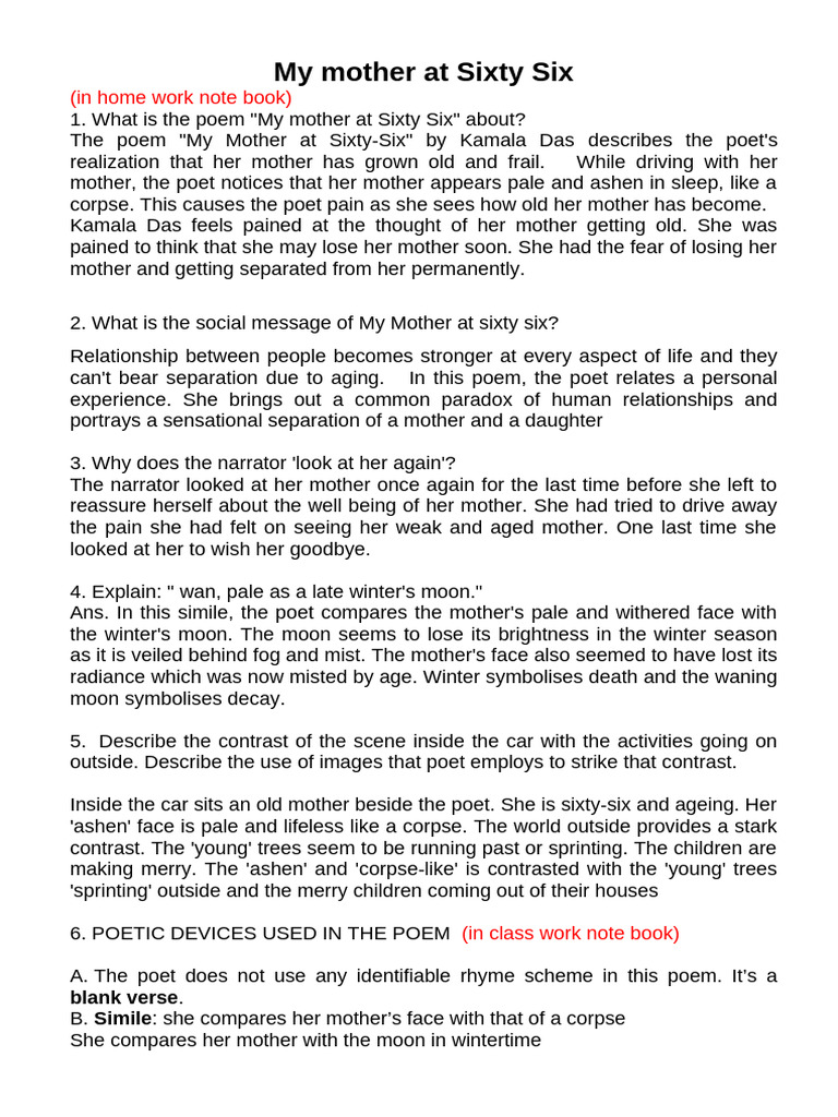 Understanding "My Mother at Sixty-Six" Poem | PDF | Poetry