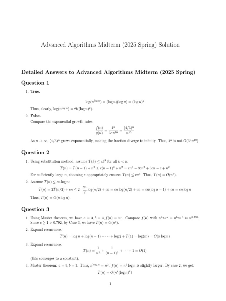 Algorithm Midterm Solutions 2025 Spring | PDF | Mathematics | Computer ...