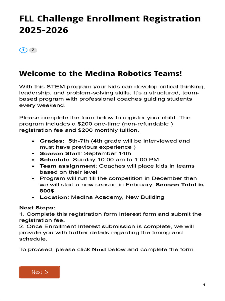 FLL Challenge Enrollment Registration 2025-2026 | PDF