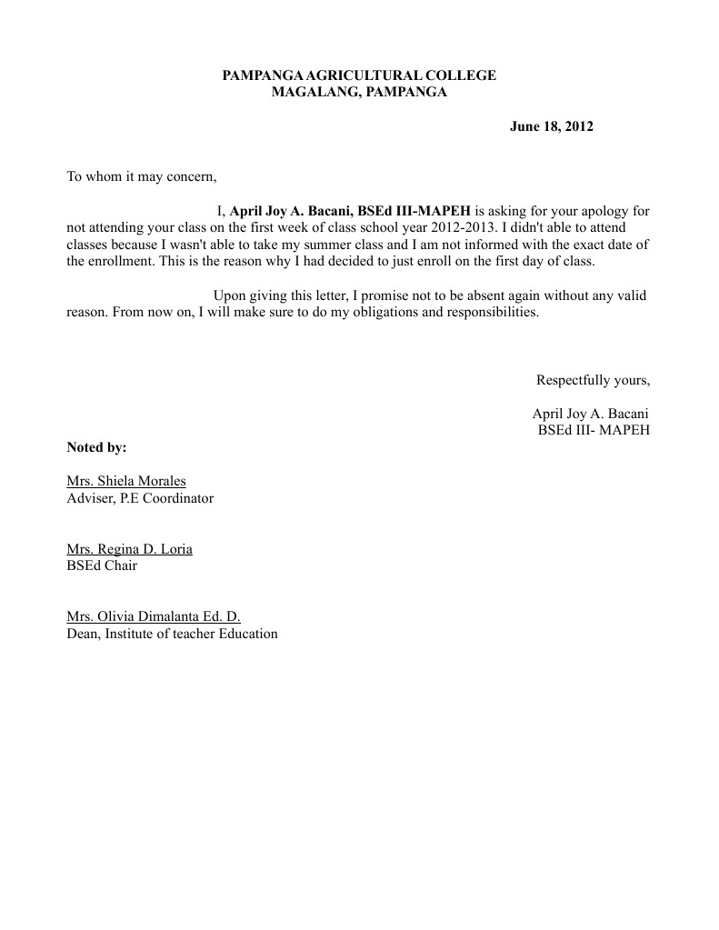 Apology Letter for Class Absence | PDF
