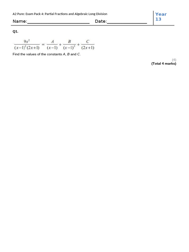 Exam Pack 4 - Partial Fractions and Algebraic Long Division | PDF
