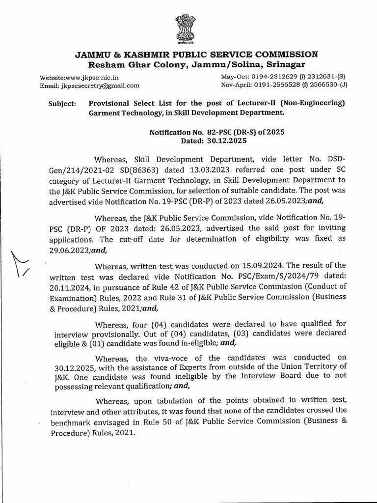 Provisional Selection List for the Post of LecturerII Non Engineering ...