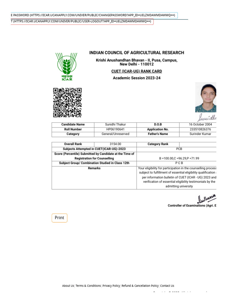 CUET ICAR-UG Rank Card 2023-24 | PDF | Higher Education