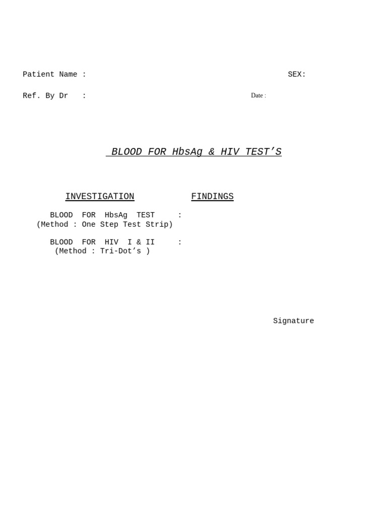HbsAg & HIV Test Results Document | PDF