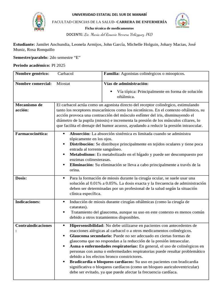 Ficha Técnica del Carbacol Oftálmico | PDF | Farmacología | Drogas