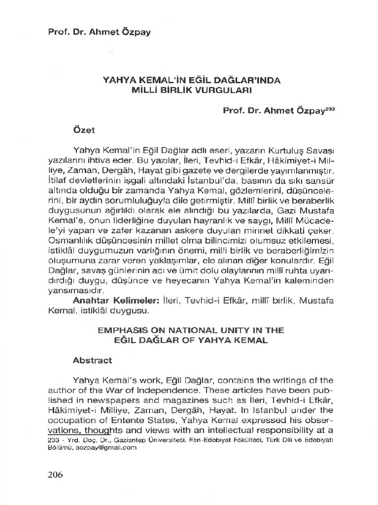 Yahya Kemalin Egil Daglarinda Milli Birl | PDF