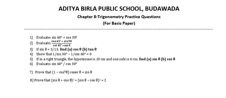 Trigonometry Practice Questions for Students | PDF