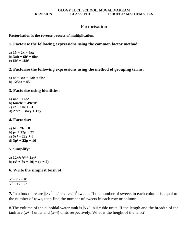 Factorisation Revision Worksheet | PDF