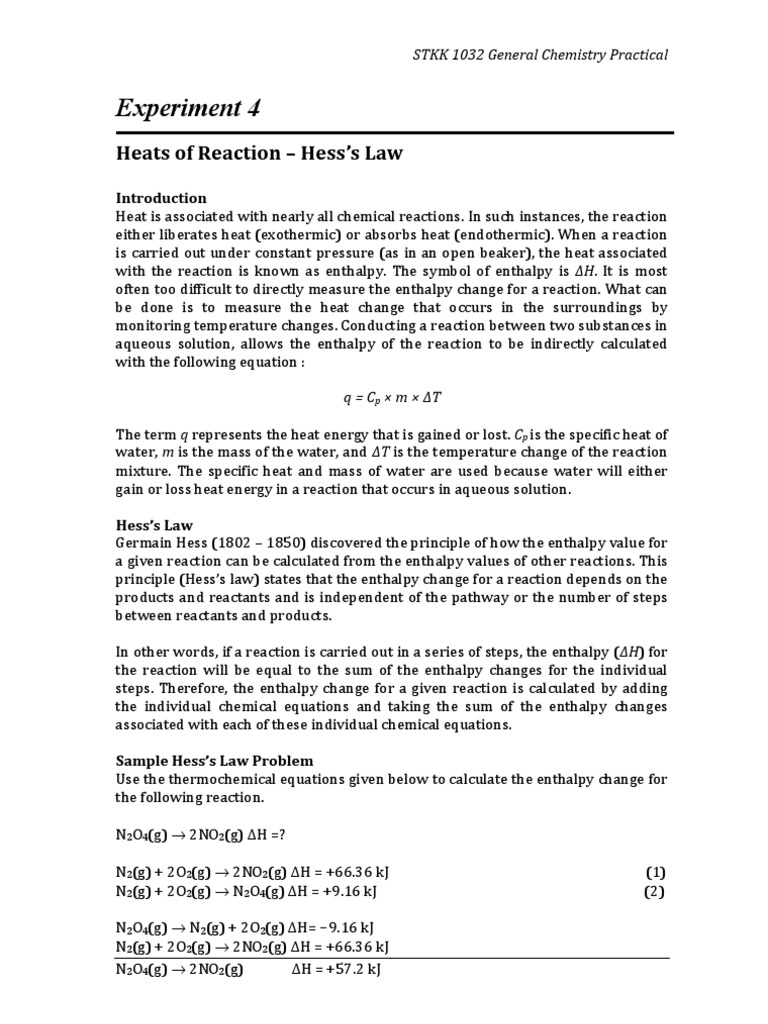 Expt.4 - Heats of Reaction - Hess's Law | PDF | Enthalpy | Molar ...