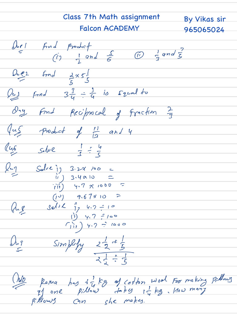 7th Class Maths Assignments | PDF