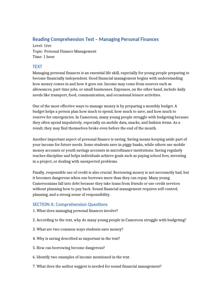 Reading_Comprehension_Personal_Finances | PDF | Personal Finance | Credit