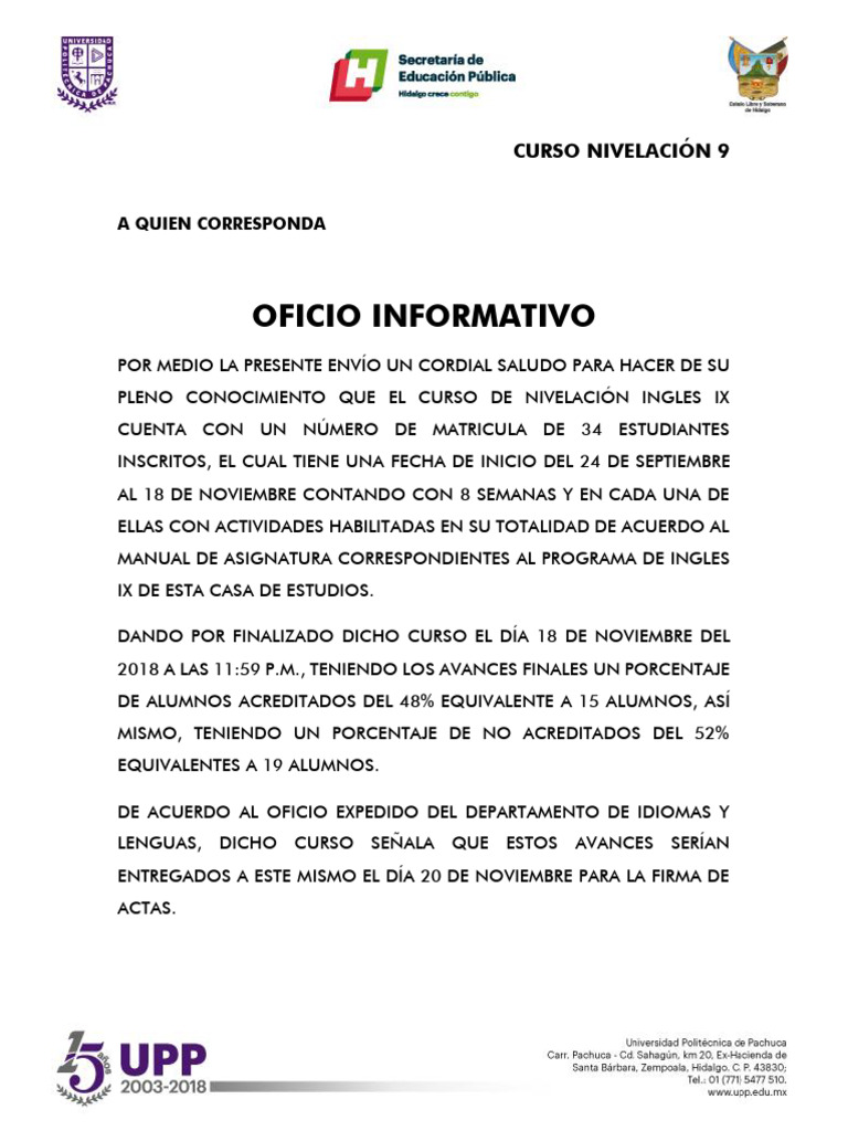 Oficio Informativo Final Curso | PDF