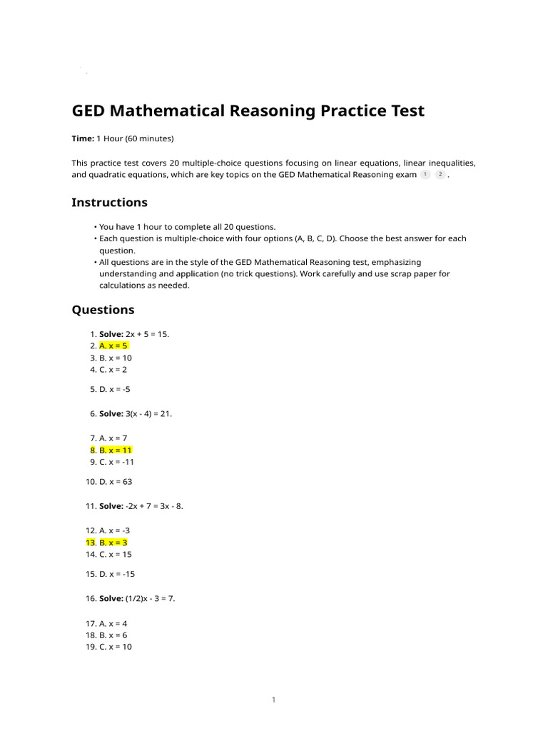 GED Math Reasoning Practice Test | PDF | Mathematical Concepts ...