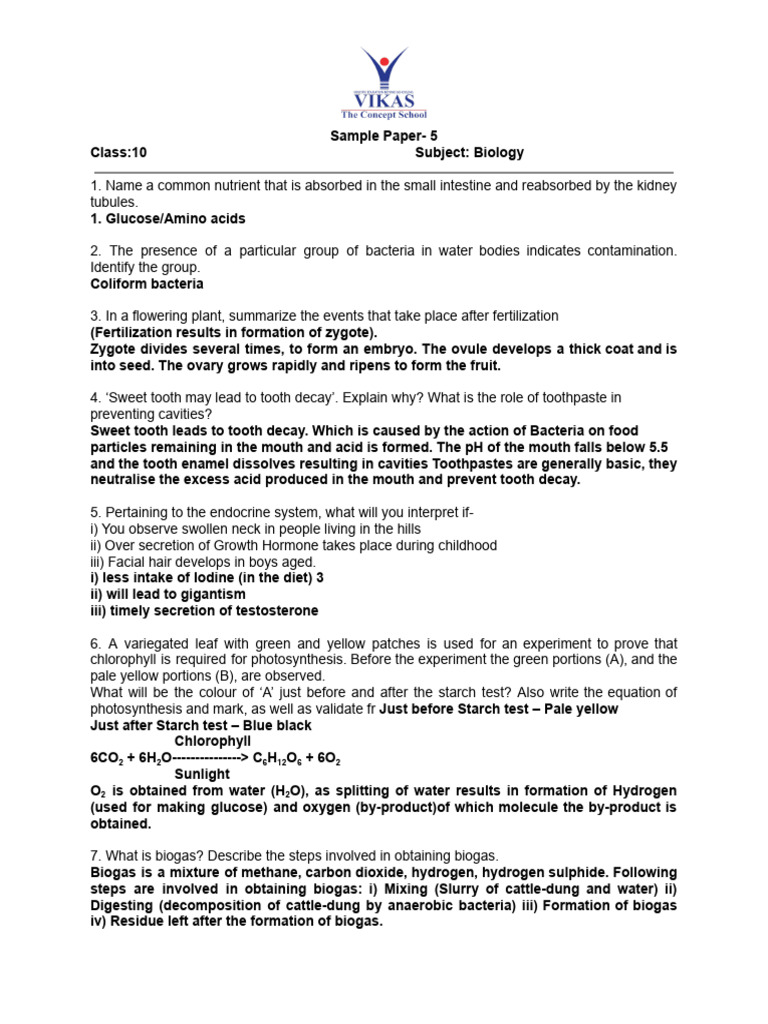Class 10 Biology Sample Paper Insights | PDF | Biogas | Ozone Depletion
