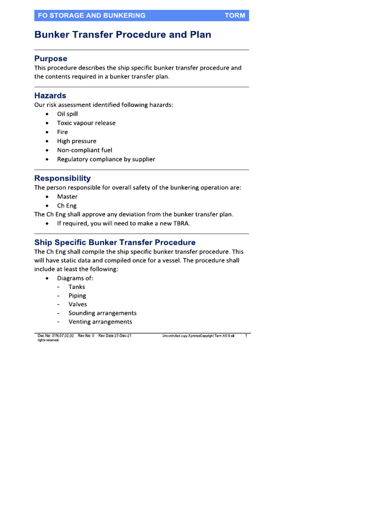 Bunker Transfer Procedure and Plan | PDF
