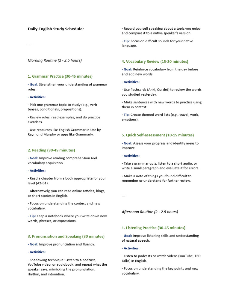 Daily English Study Schedule Guide | PDF | Vocabulary | Fluency