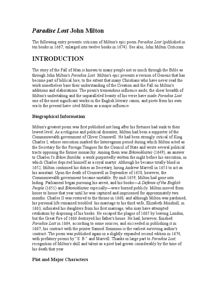 Paradise Lost John Milton | PDF | Paradise Lost | Adam And Eve