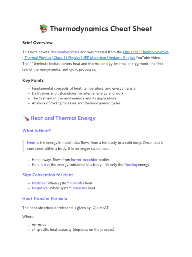 Thermodynamics Cheat Sheet Guide | PDF | Heat | Heat Capacity