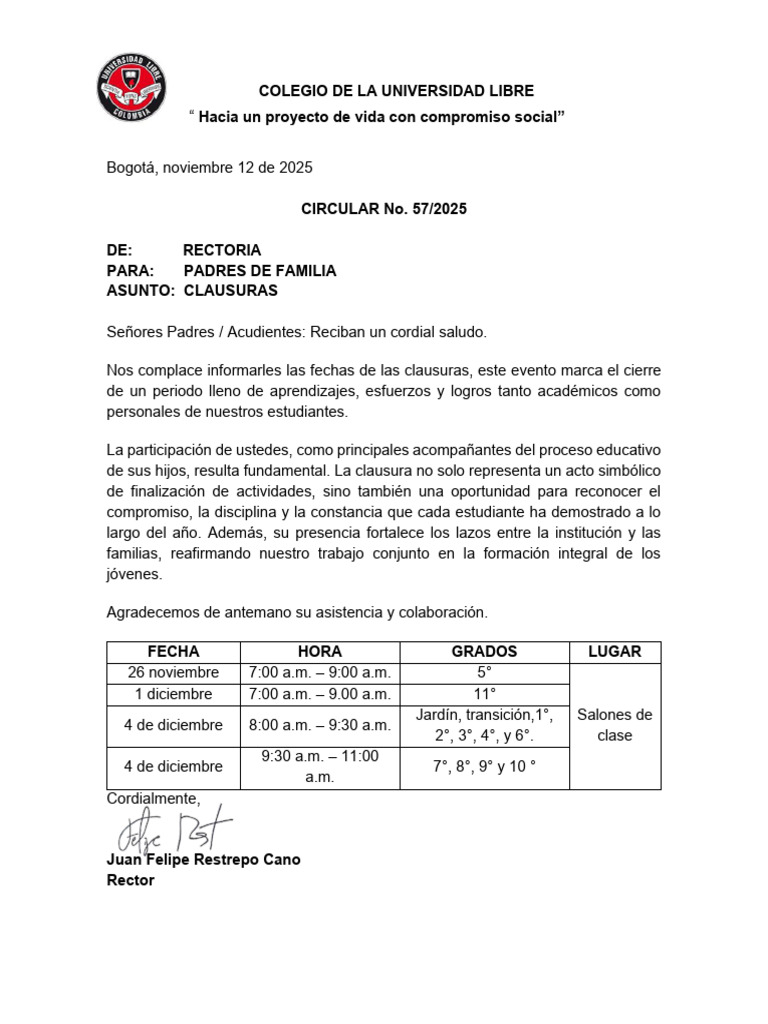 Circular 57 Clausuras 2025 1 | PDF