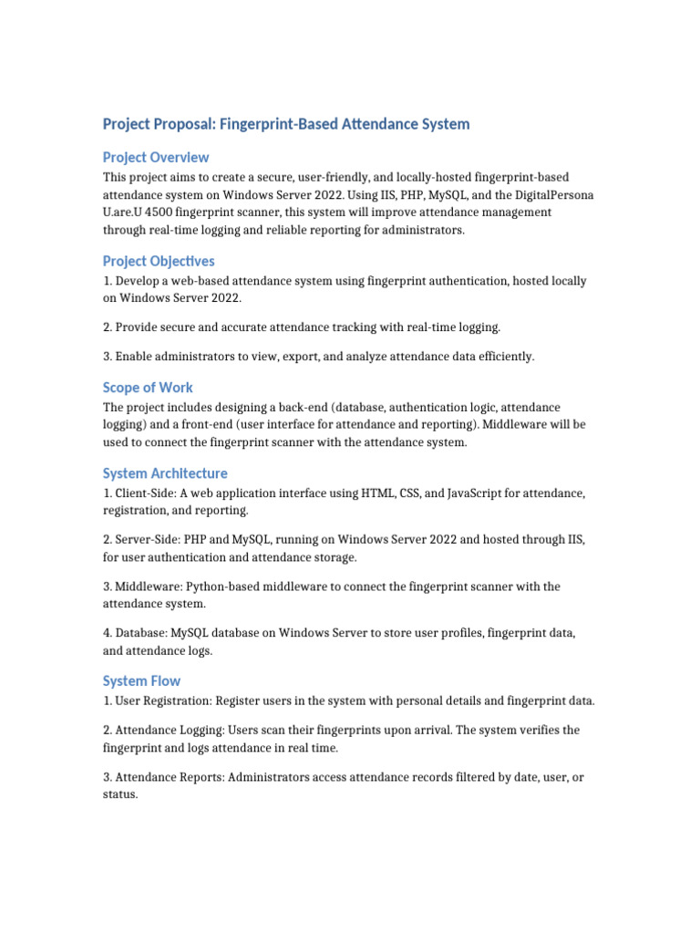 Fingerprint Attendance System Proposal | PDF | My Sql | Databases