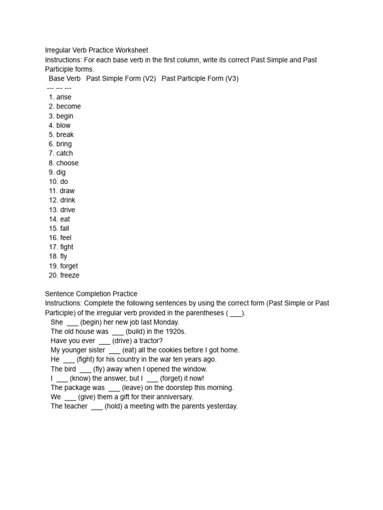 Irregular Verb Practice Worksheet | PDF