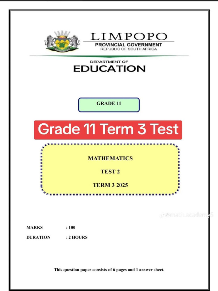 Mathematics Test Grade 11 Term 3 | PDF