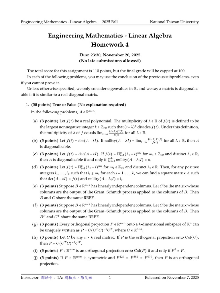 Linear Algebra Homework 4 - NTU 2025 | PDF | Eigenvalues And ...