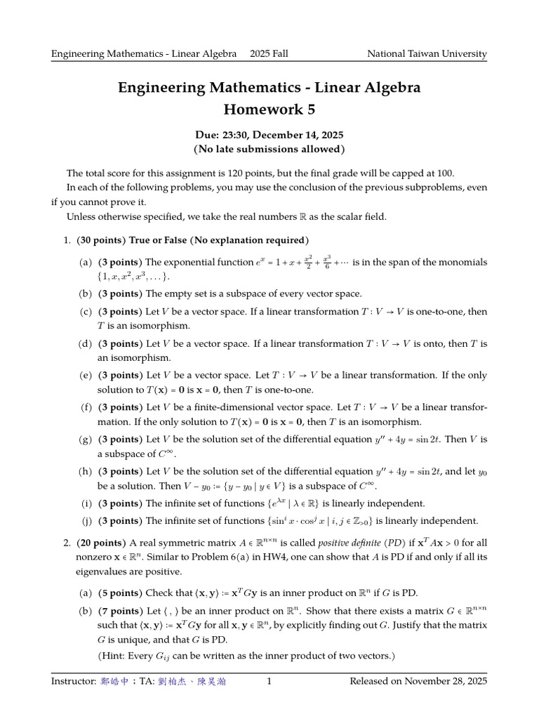Linear Algebra Homework 5 - NTU 2025 | PDF | Vector Space | Linear Algebra