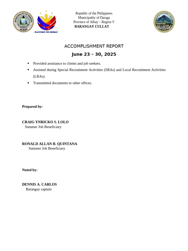 Daraga Barangay Cullat Accomplishment Report | PDF
