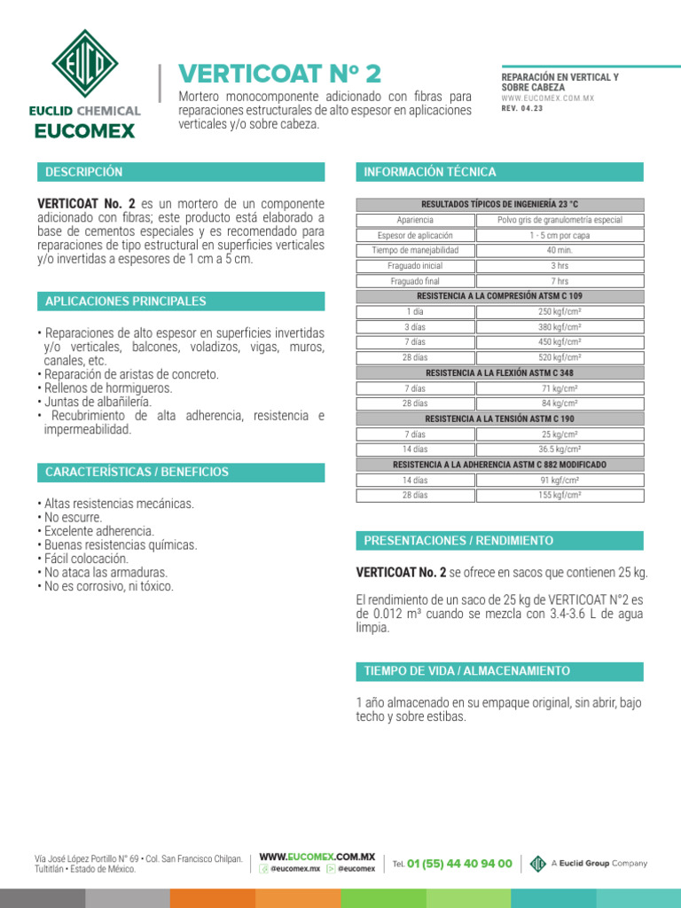 Mortero VERTICOAT No. 2 para Reparaciones | PDF | Hormigón | Agua
