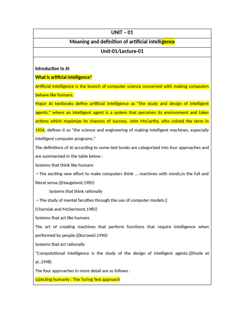 Notes Artificial Intelligence Unit 1 | PDF | Artificial Intelligence ...