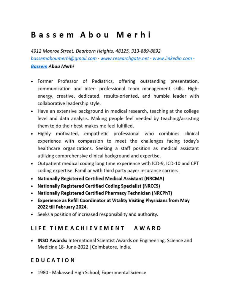 Bassem Abou Merhi Resume Updated 7-5-2024 2 | PDF | Pediatrics | Health ...