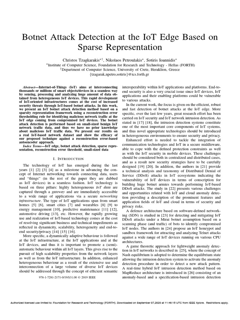 Botnet Attack Detection at the IoT Edge Based on Sparse Representation ...