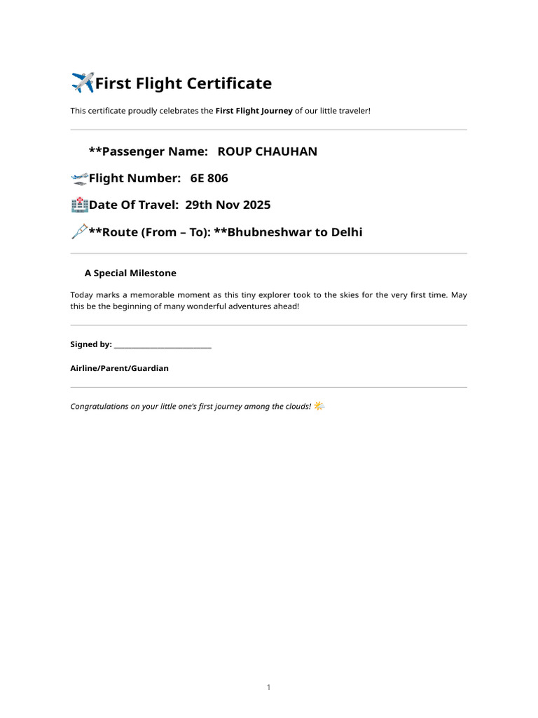 First Flight Certificate for ROUP CHAUHAN | PDF