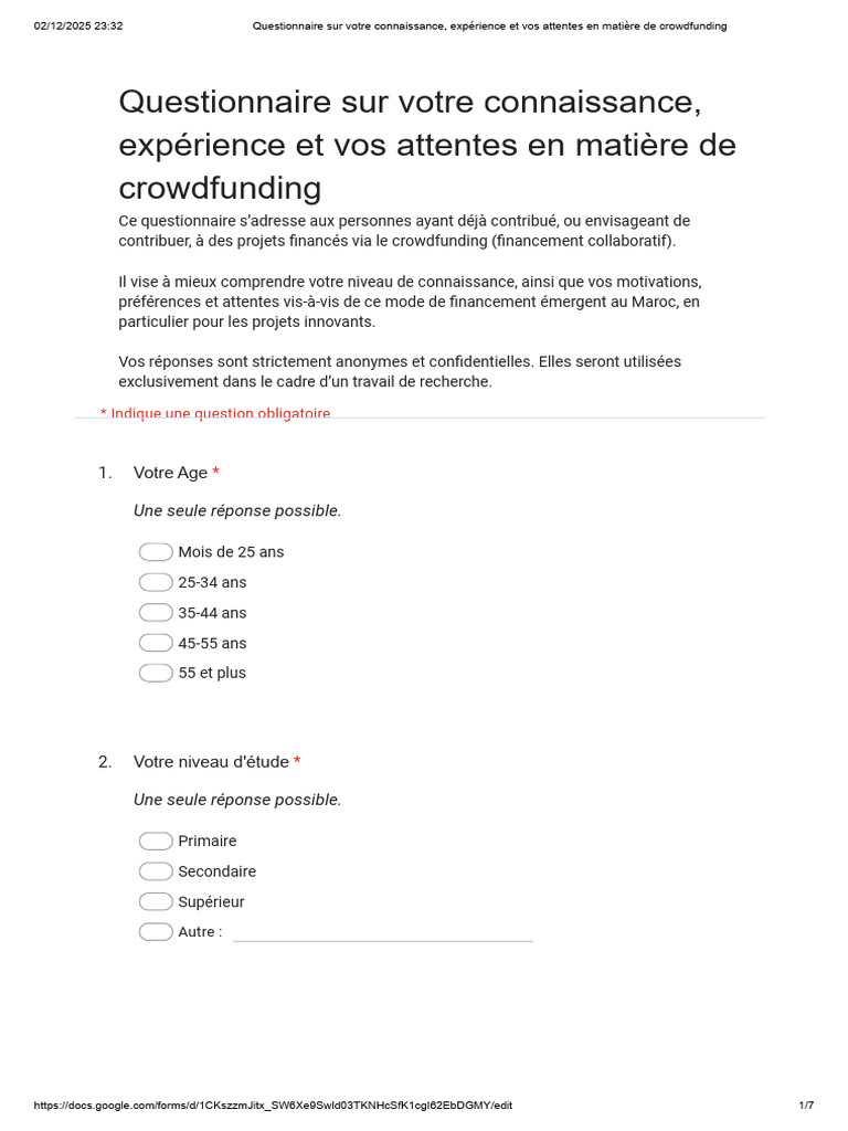 Questionnaire Sur Votre Connaissance, Expérience Et Vos Attentes en ...